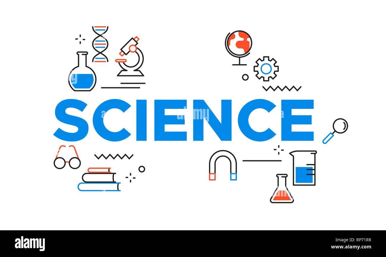 Science Day card illustration. Outline icons in blue color for ...