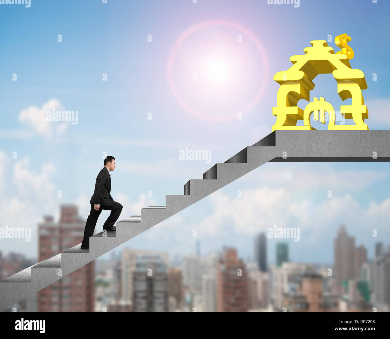 Man walking on concrete stairs to money stacking house with city view ...
