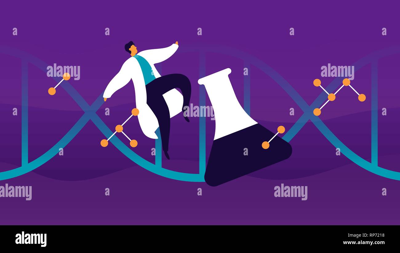 Science concept with scientist man and chemistry flask in modern flat ...