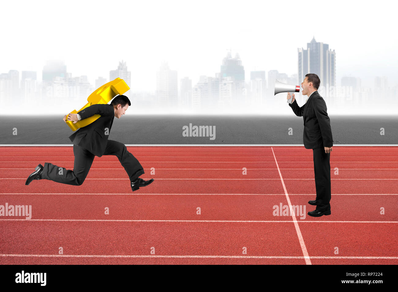 One man using speaker to direct another man carrying golden dollar sign ...
