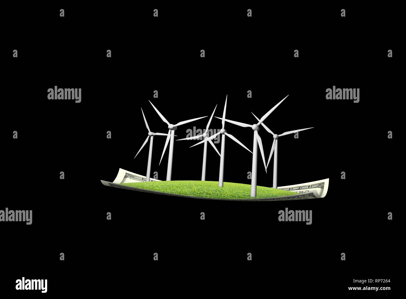 Wind turbines on money flying carpet, isolated in black background ...