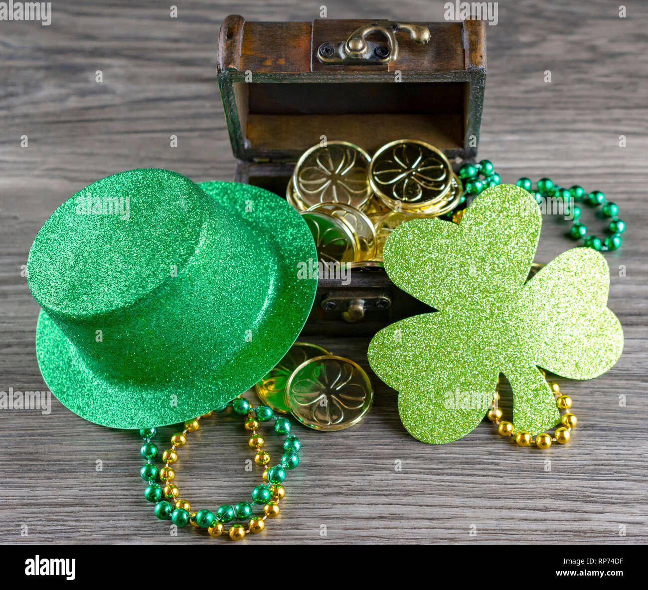 Top side view of Irish wooden treasure chest with green glittery top ...