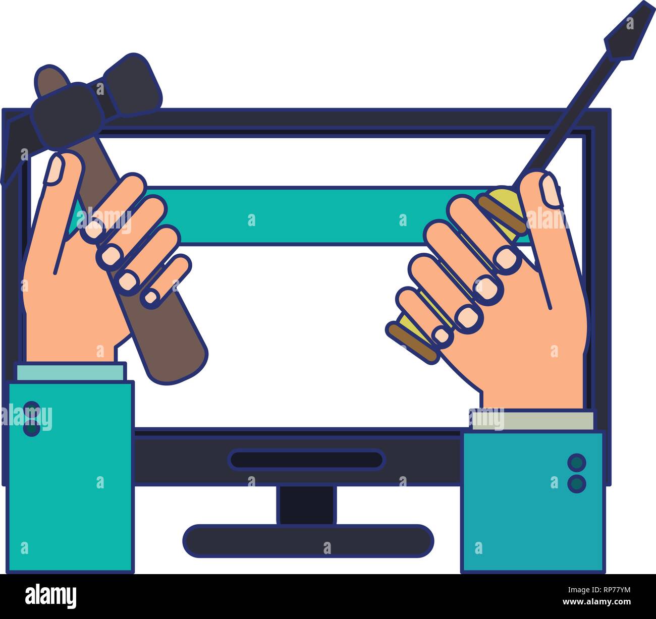 computer techinical support hands with tools blue lines Stock Vector ...