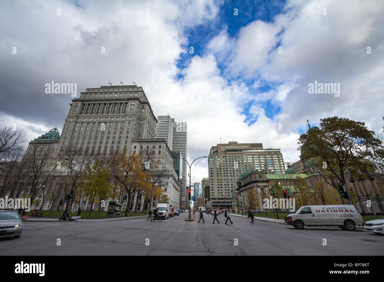 MONTREAL, CANADA - NOVEMBER 7, 2018: Old stone skyscrapers and high ...
