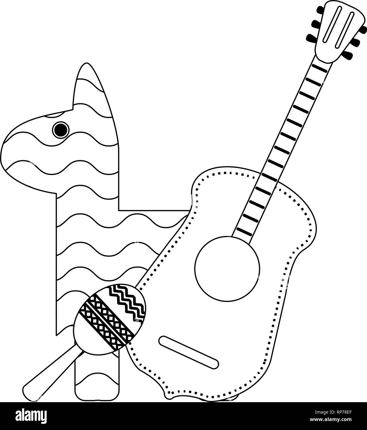 pinata maraca and guitar mexican symbol black and white Stock Vector ...