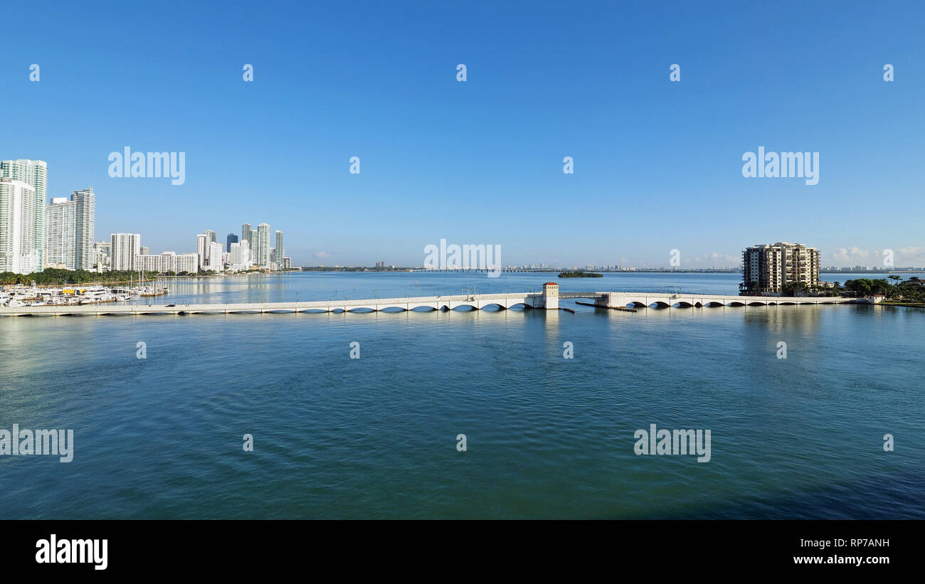 The Venetian Causeway between Miami and Miami Beach, Florida, on a ...