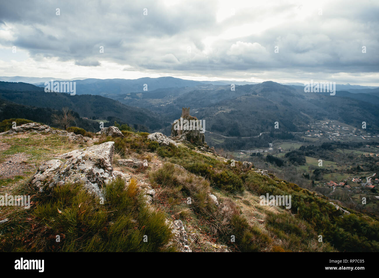 Medival tower ruins built on a rock(Vestiges du Chateau de Rochebonne ...