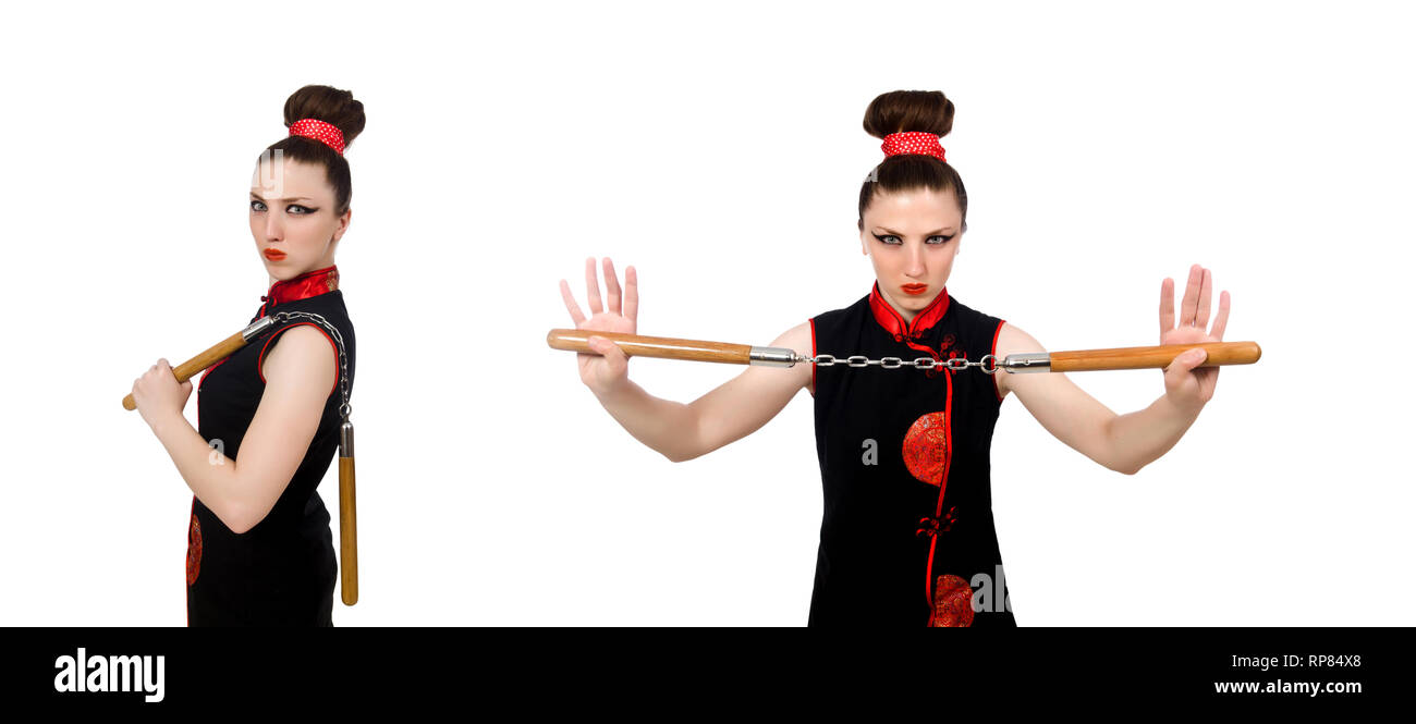 Funny woman with nunchucks isolated on white Stock Photo - Alamy