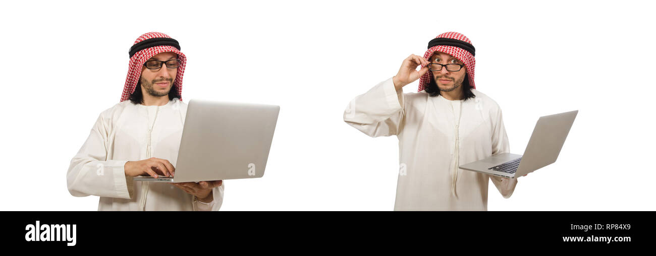 Arab man with laptop isolated on white Stock Photo - Alamy