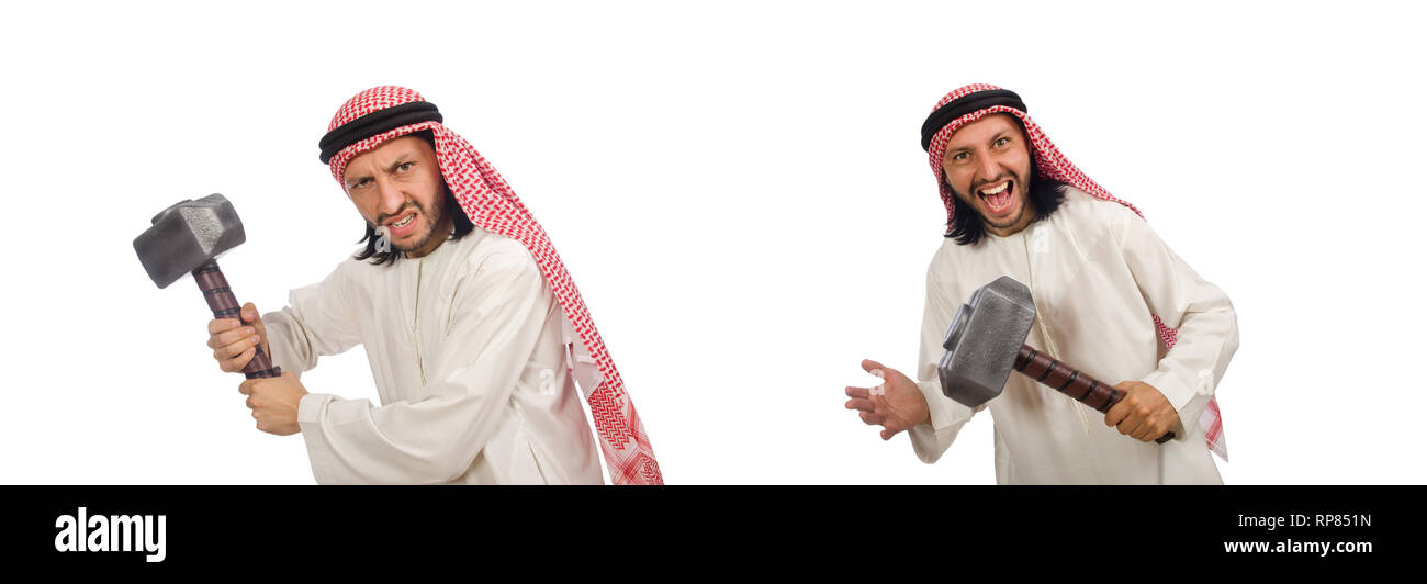 Angry arab man with hammer isolated on white Stock Photo - Alamy