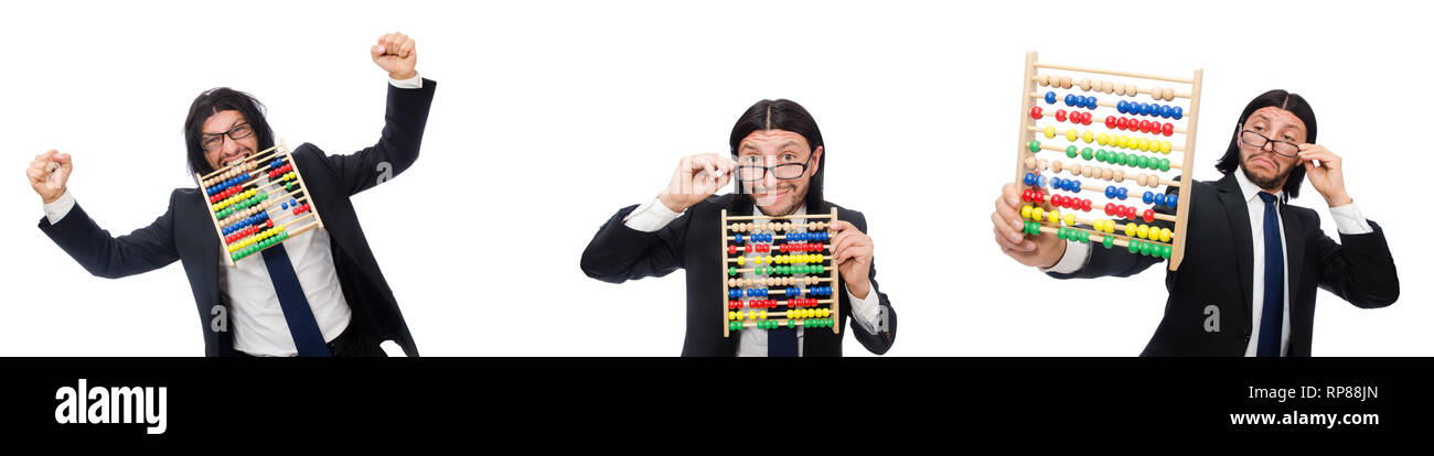 Funny man with calculator and abacus Stock Photo - Alamy