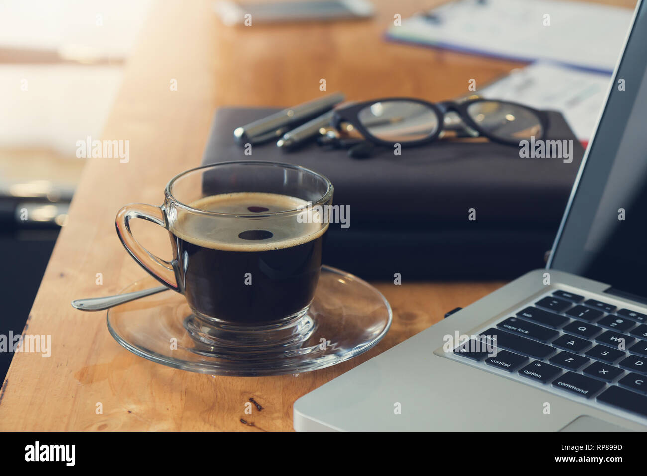 Business and finance concept of office working,Close up coffee in ...