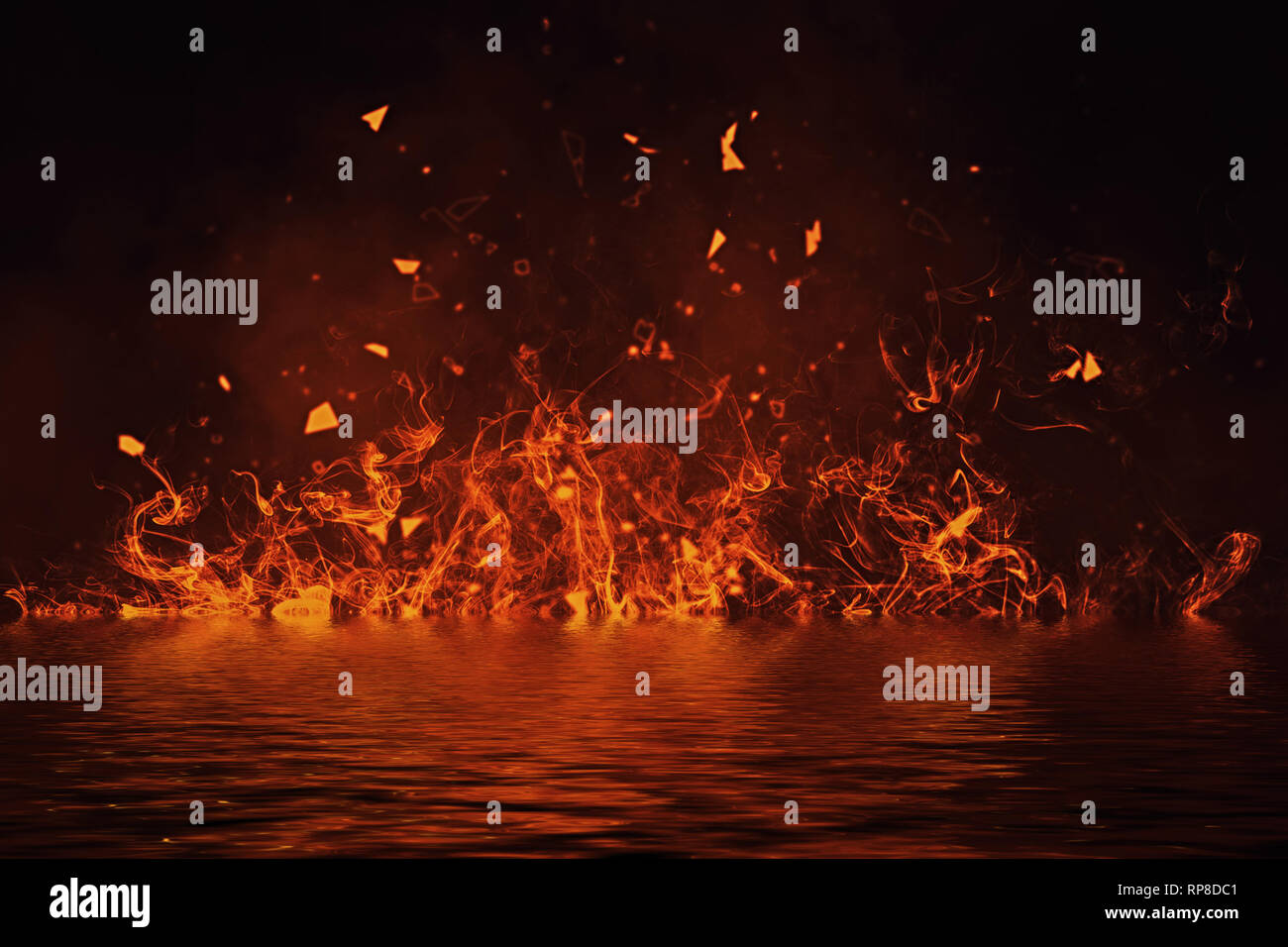 Texture of fire with reflection in water. Flames on isolated black ...