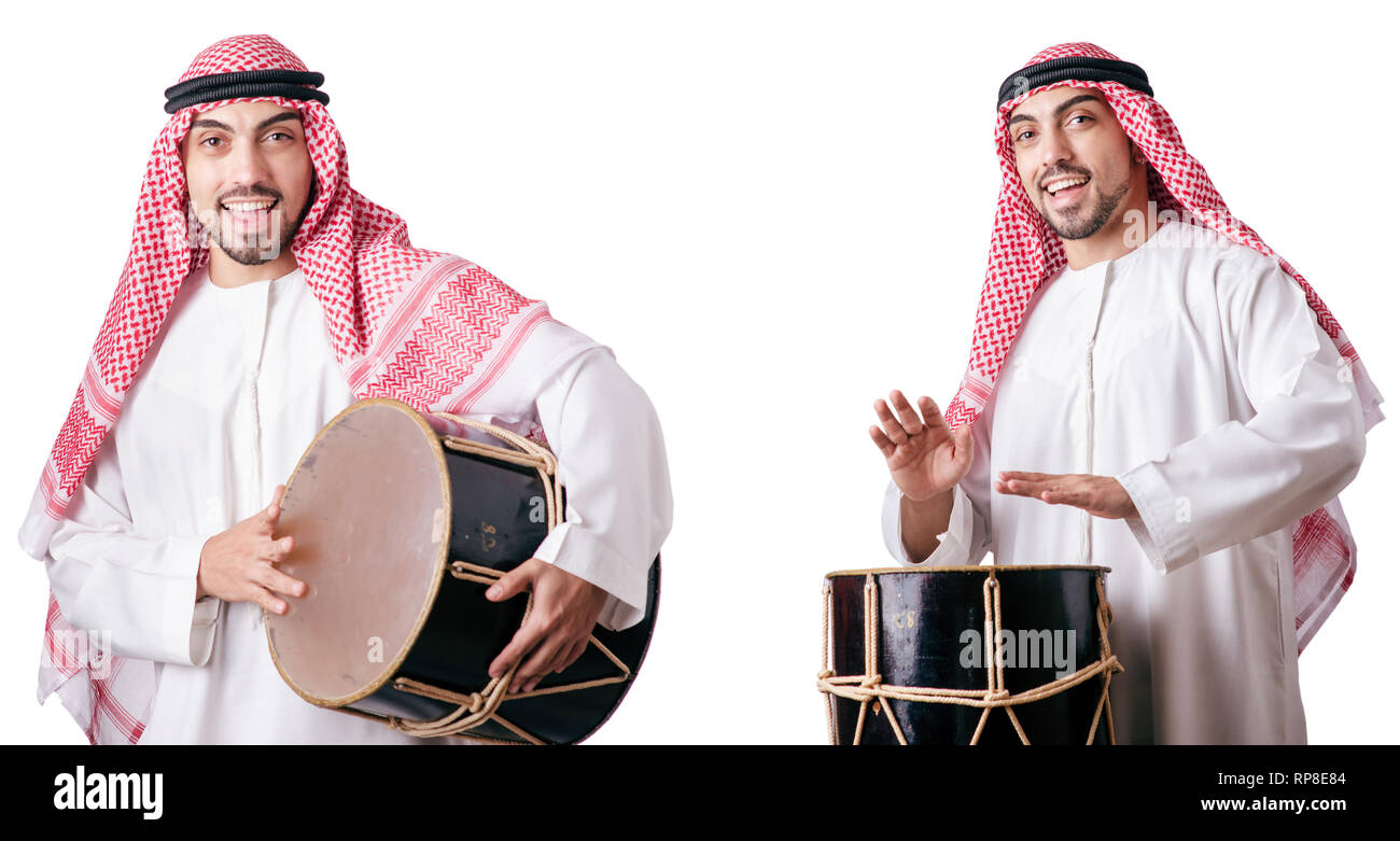 Arab man with drum isolated on white Stock Photo - Alamy