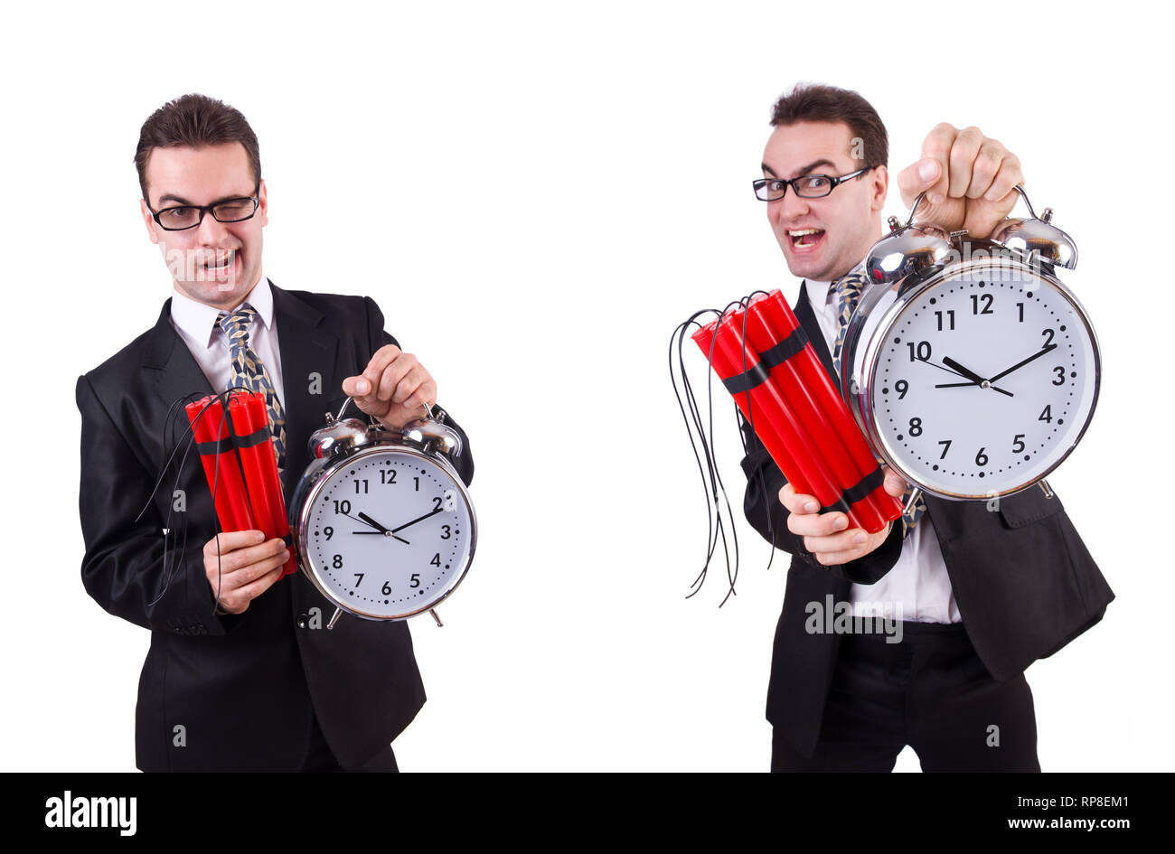 Man with time bomb isolated on white Stock Photo - Alamy