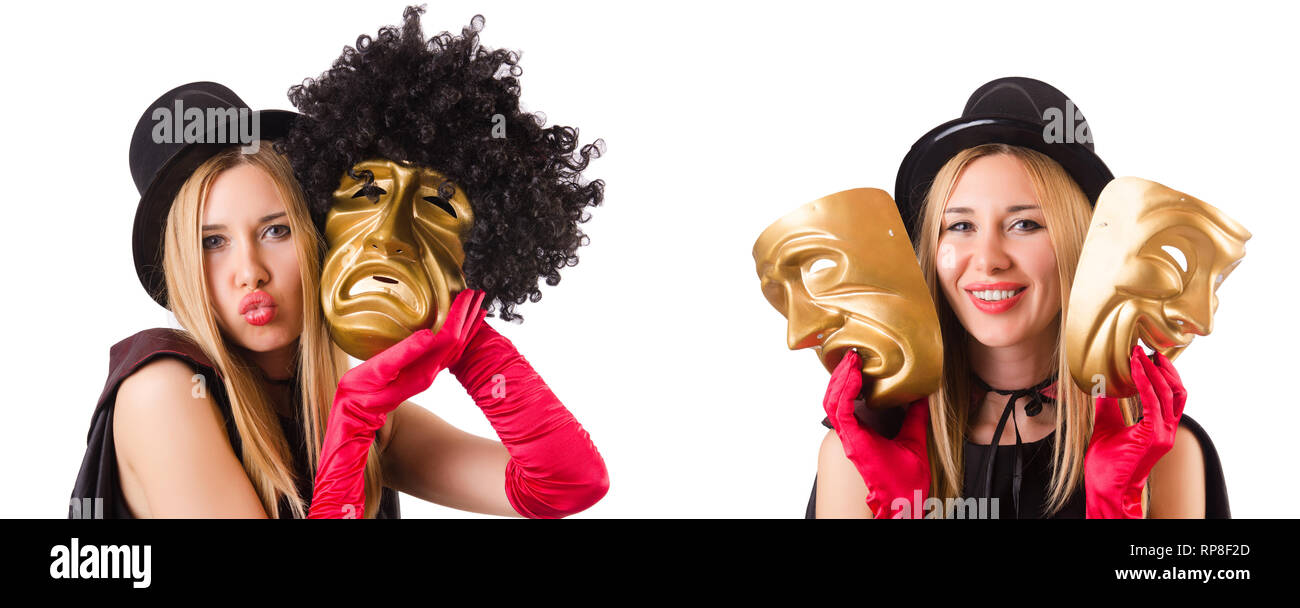 Woman with two masks isolated on white Stock Photo - Alamy