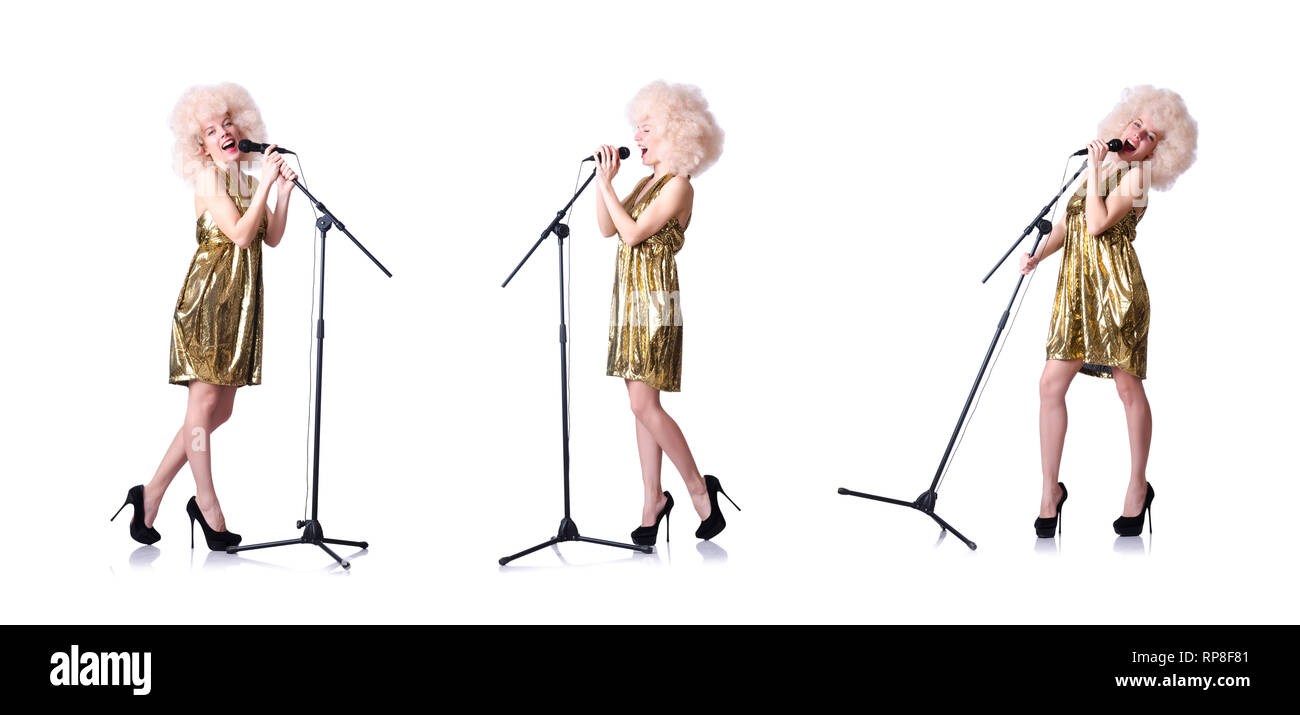 Pop star with mic on white Stock Photo - Alamy