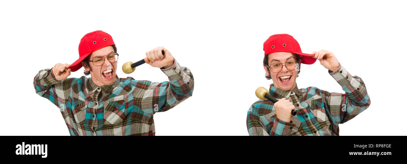 Funny guy singing isolated on white Stock Photo - Alamy