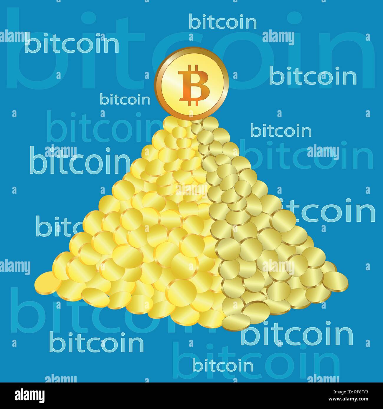 The Bitcoin Symbol. Pyramid of gold coins . Blue . The Inscription ...