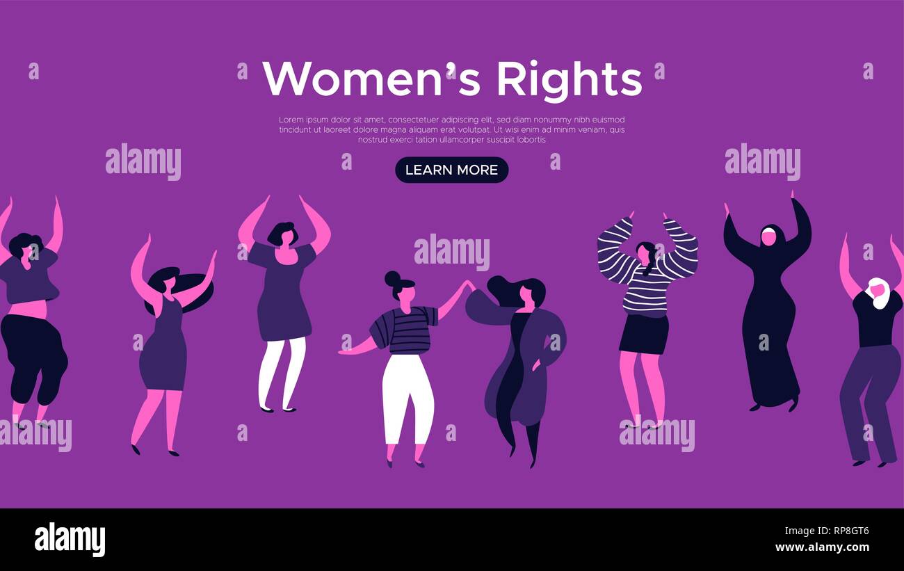 Womens Rights landing web page template. Happy dancing woman group ...