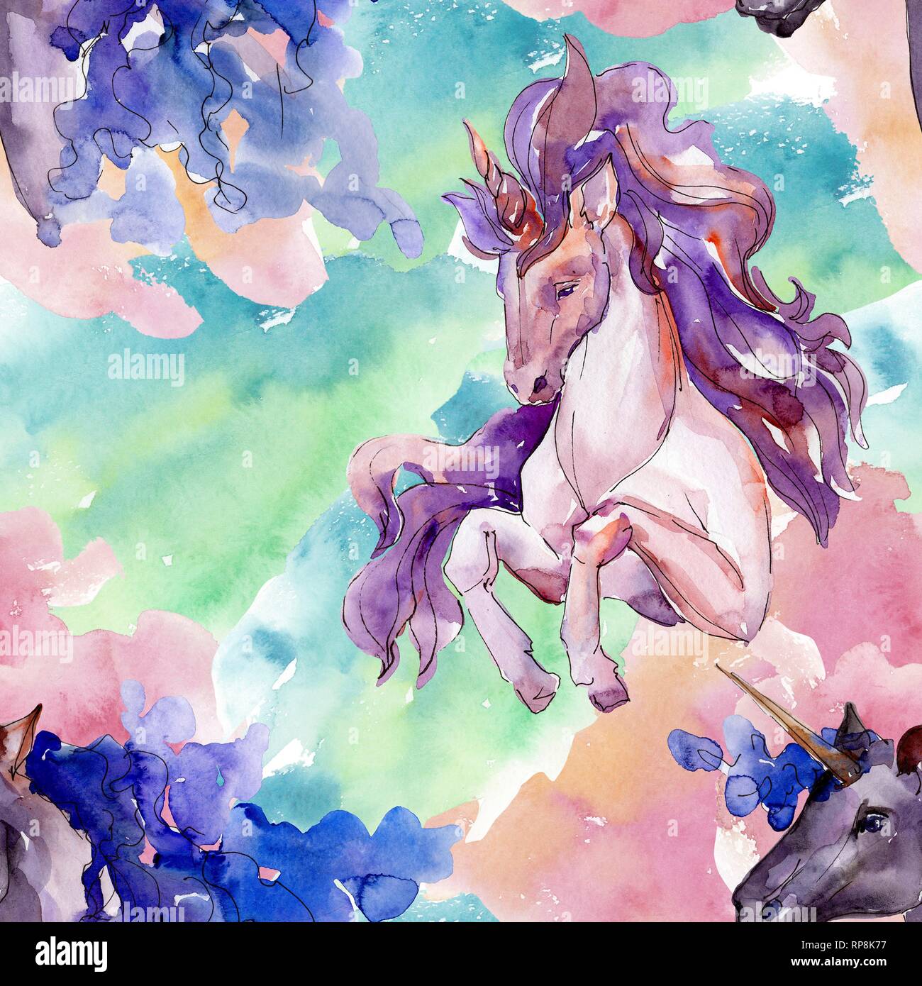 Cute unicorn horse. Fairytale children sweet dream. Watercolor ...