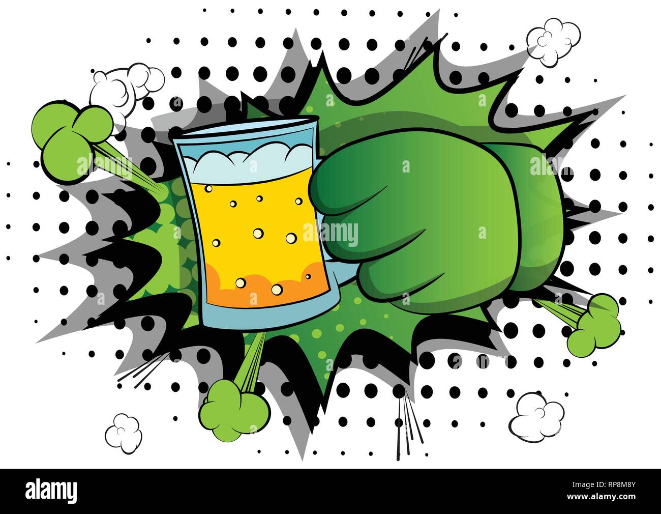 Vector cartoon hands holding a beer. Illustrated sign on comic book ...