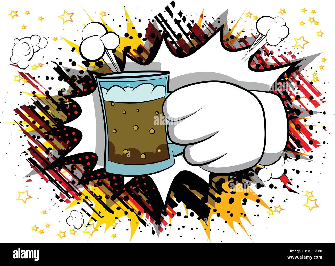 Vector cartoon hands holding a beer. Illustrated sign on comic book ...
