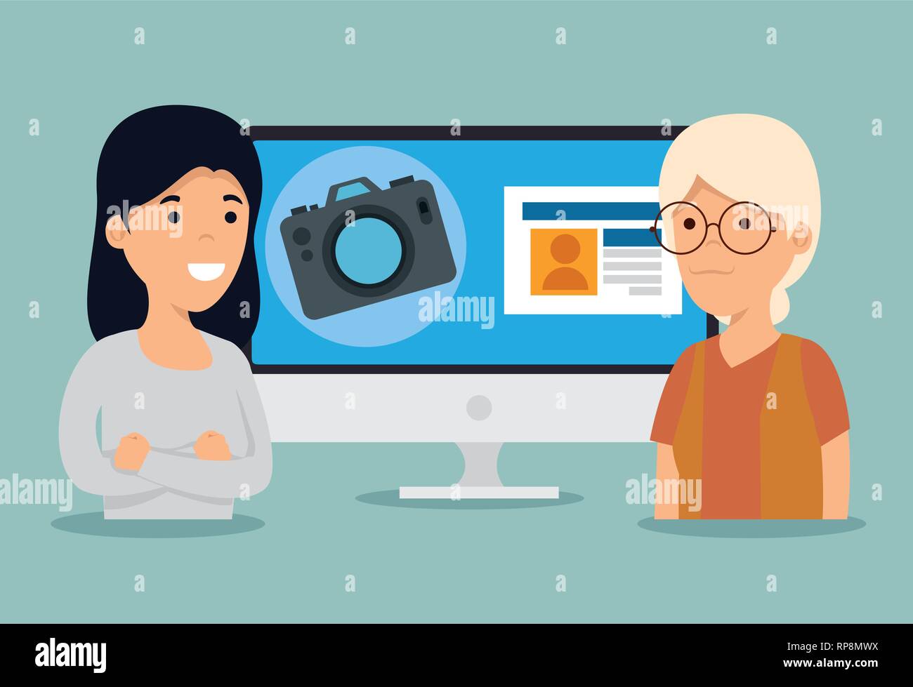 woman and girl with computer and chat profile vector illustration Stock ...
