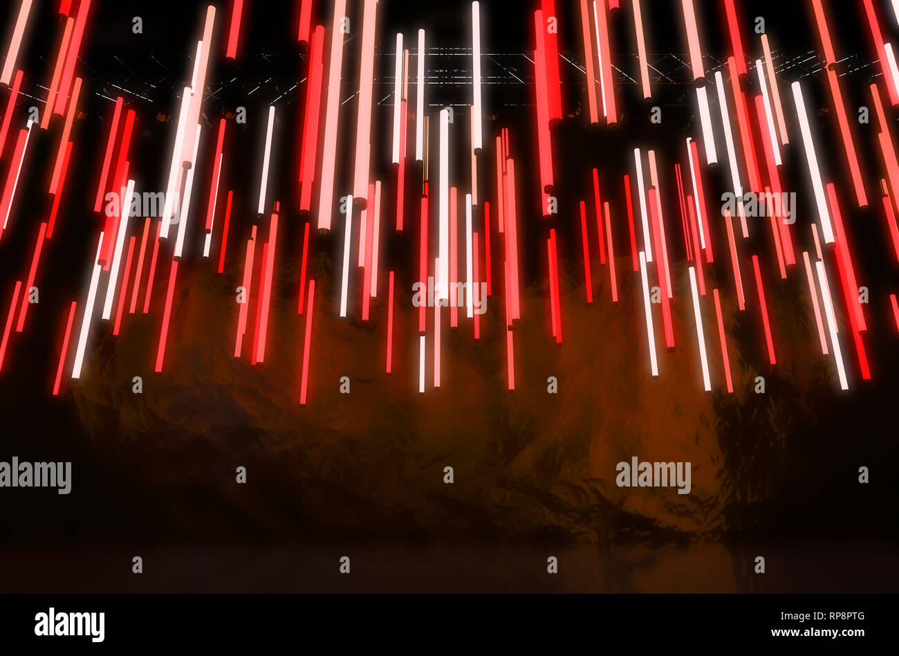 A collection of red florescent tube lights hanging from scaffolding on ...