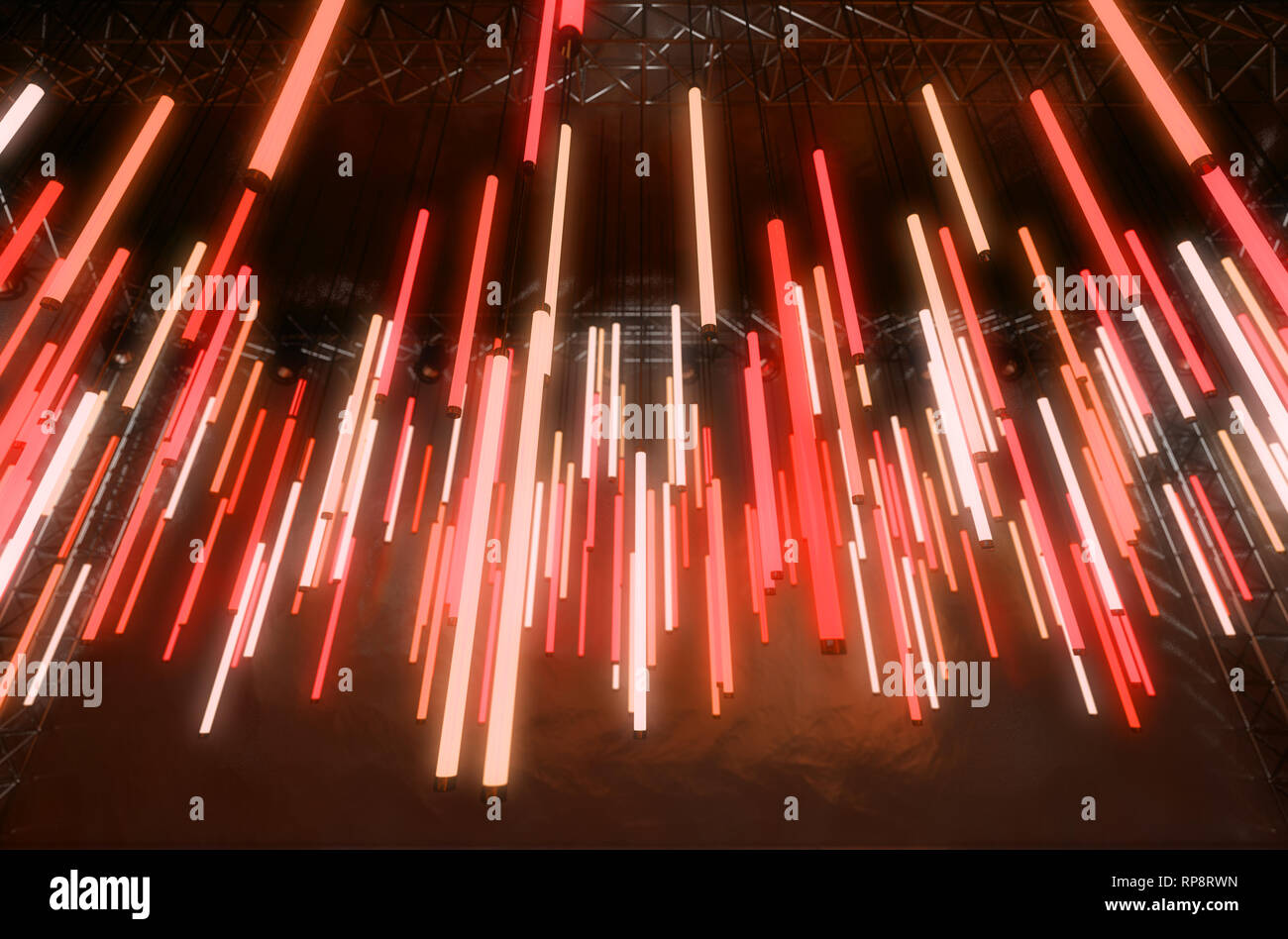 A collection of red florescent tube lights hanging from scaffolding on ...