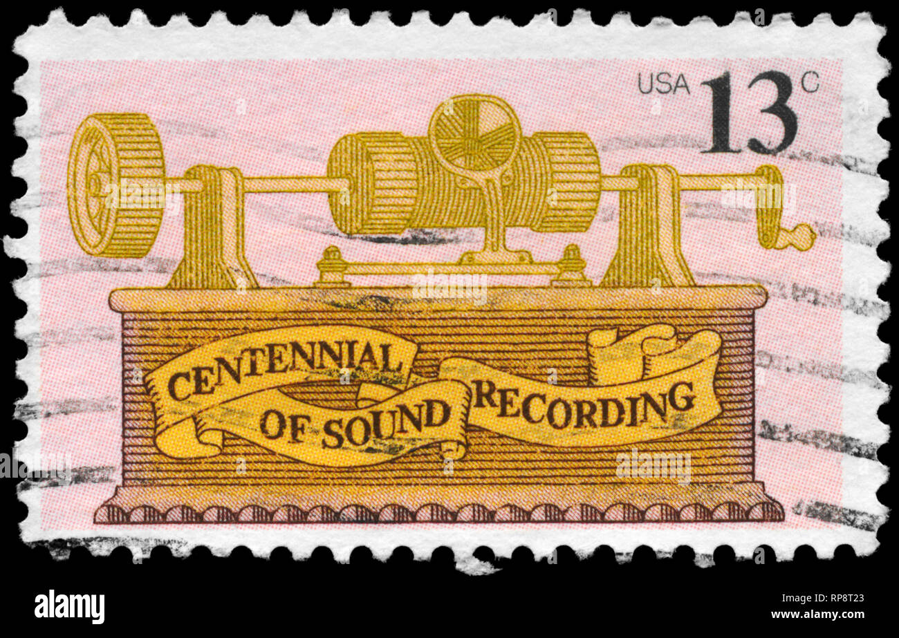 USA - CIRCA 1977: A Stamp printed in USA shows the tin foil Phonograph ...