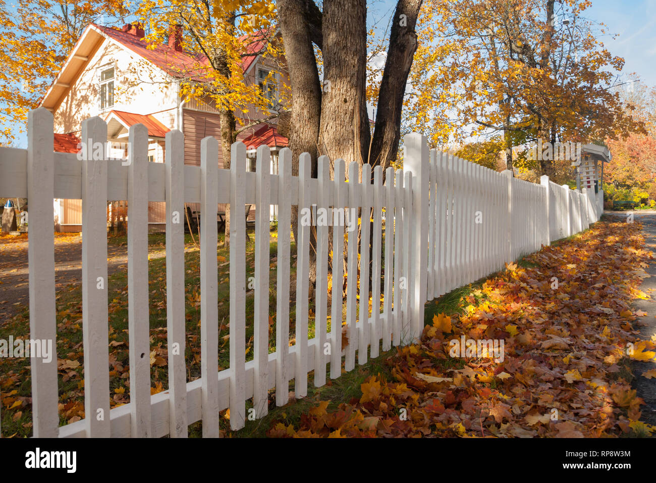 Beautiful colorful autumn scene with white fence and fall colors in ...