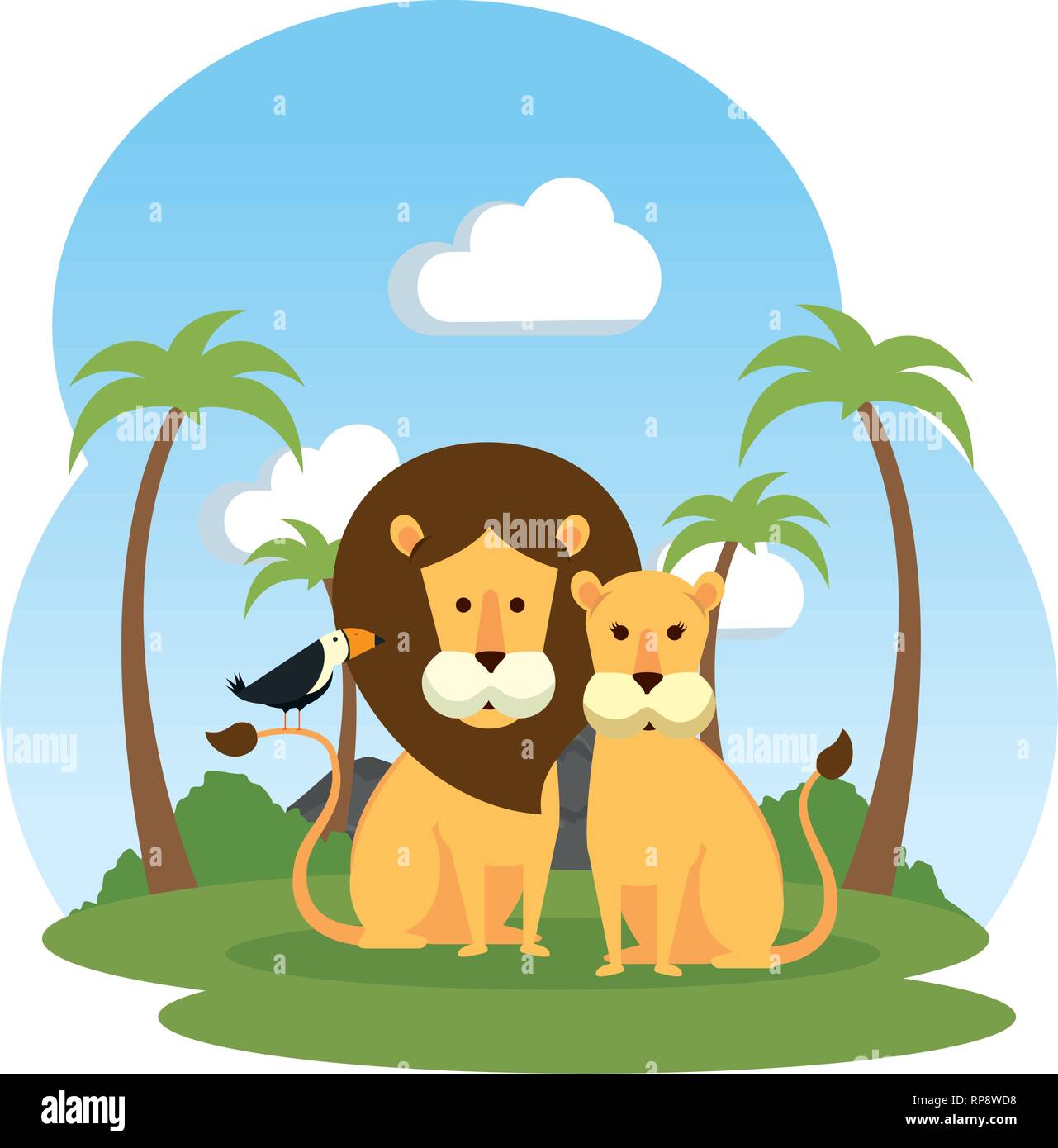 african lions couple with toucan bird vector illustration design Stock ...