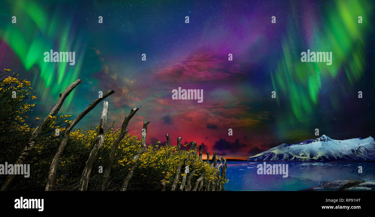 Gorgeous, unreal beautiful night view of the reflection of the northern ...