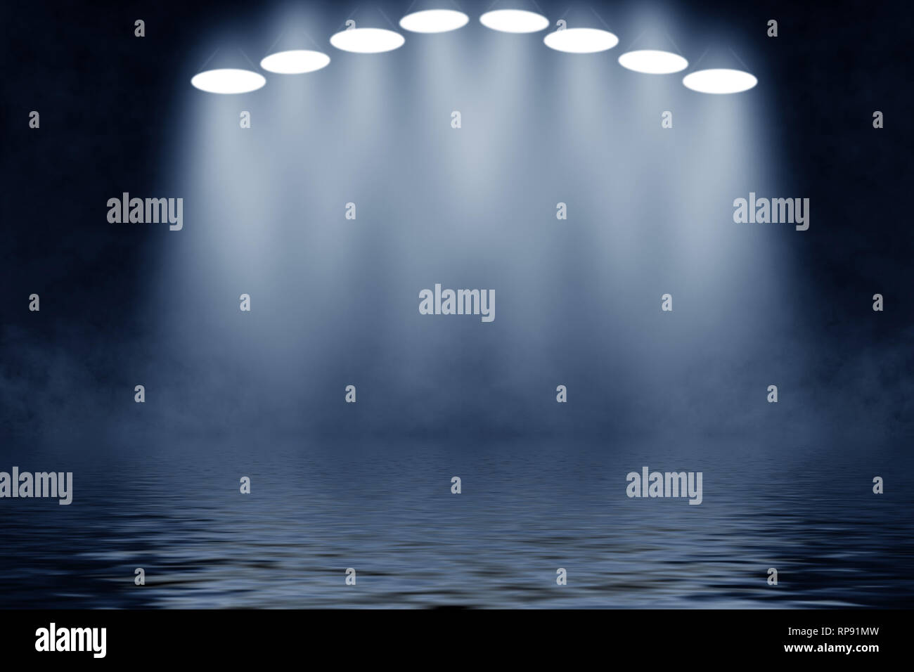 Projector spotlight with reflection in water. Isolated on black ...