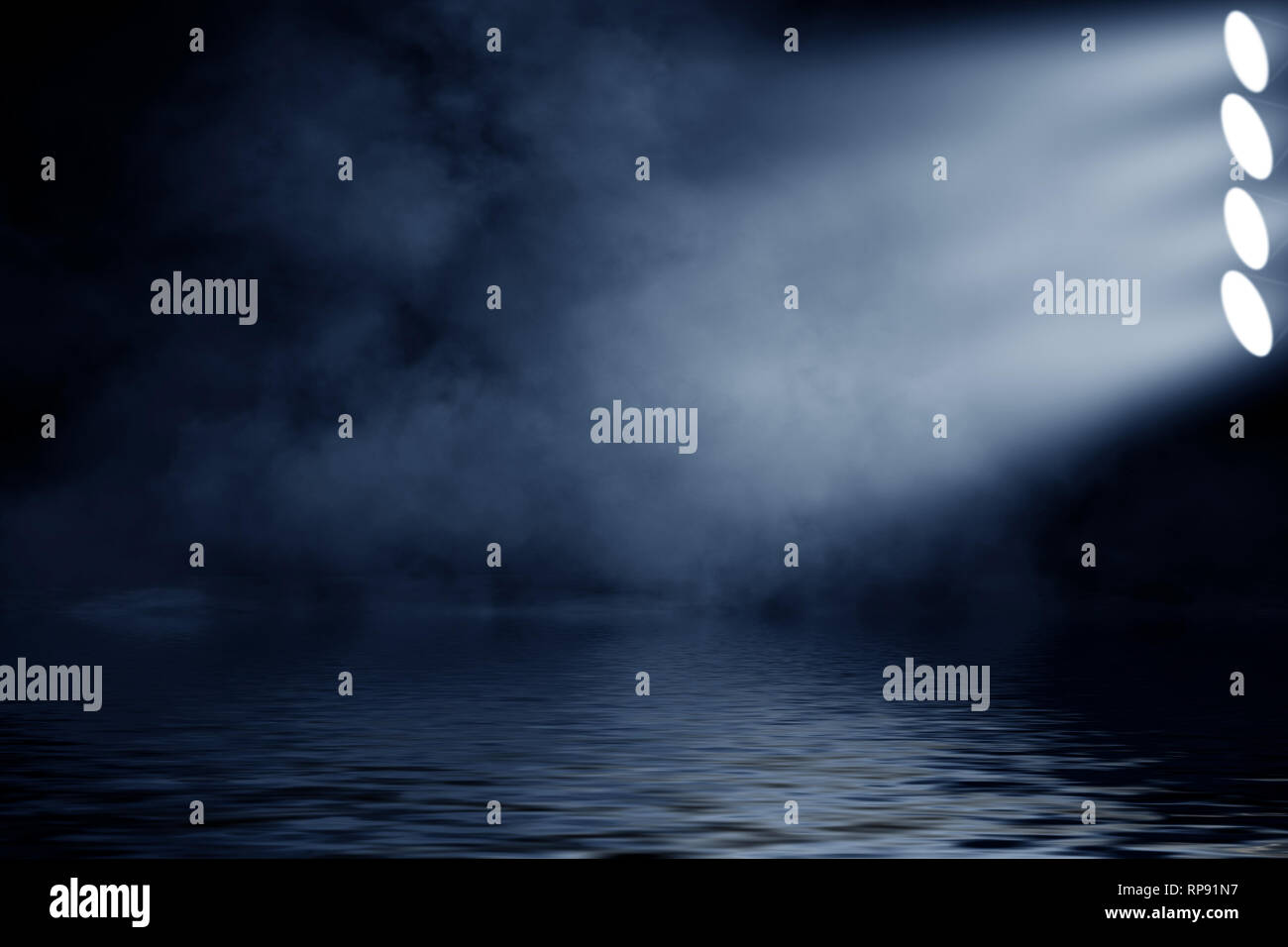 Projector spotlight with reflection in water. Isolated on black ...