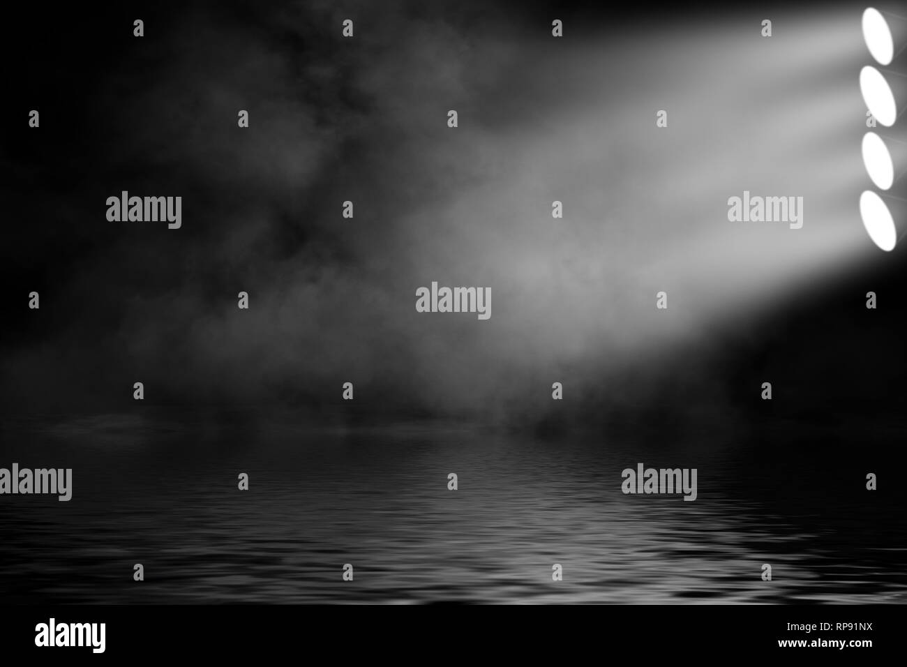 Projector spotlight with reflection in water. Isolated on black ...