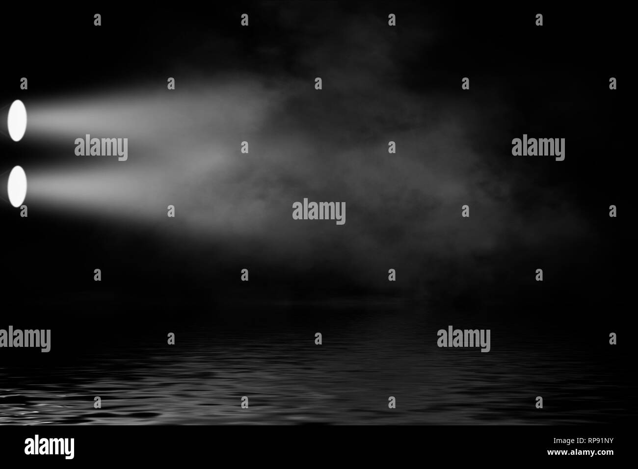 Projector spotlight with reflection in water. Isolated on black ...