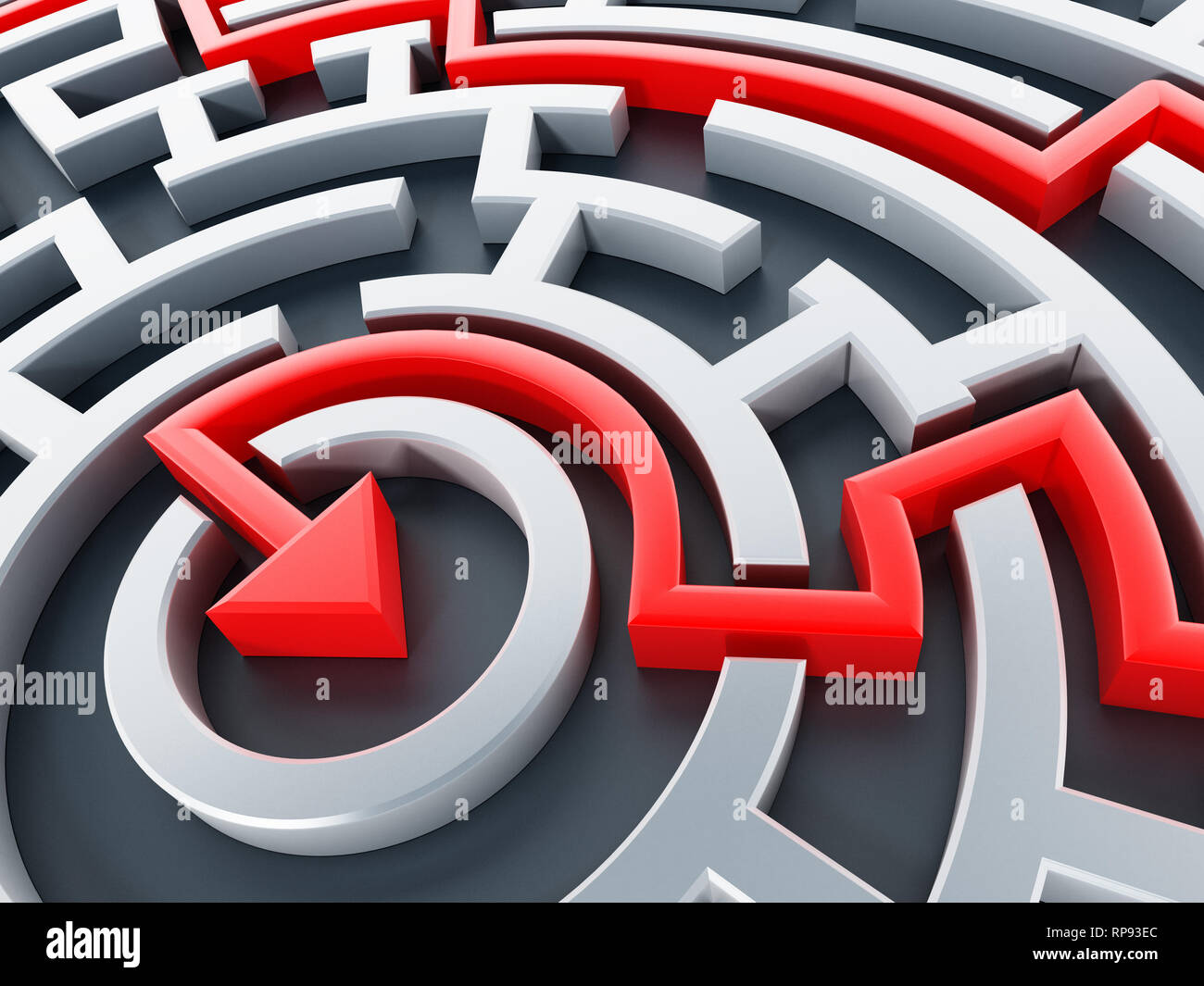 Red line leading to the center of the round maze. 3D illustration Stock ...