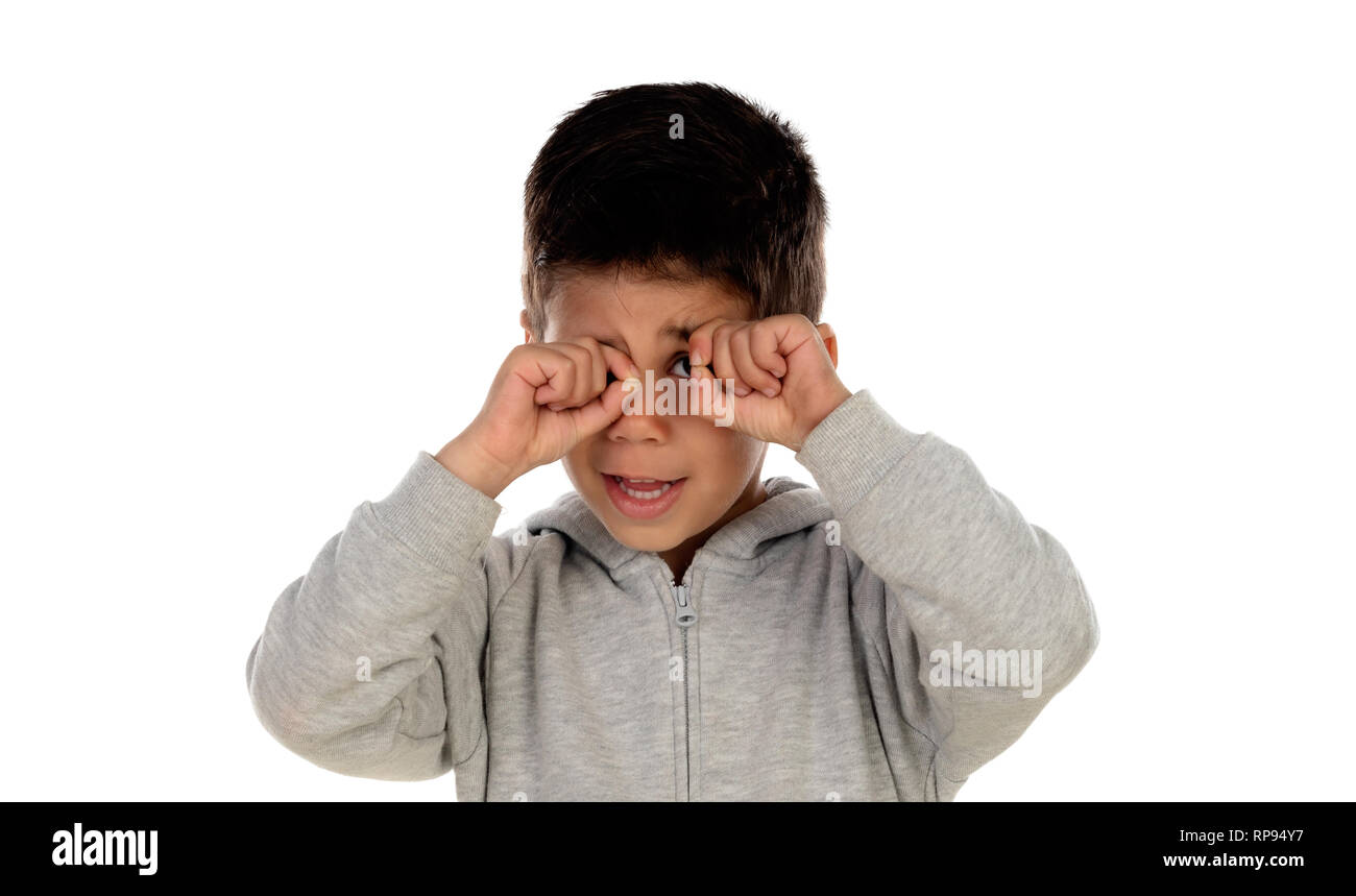 Sad child crying isolated on a white background Stock Photo - Alamy