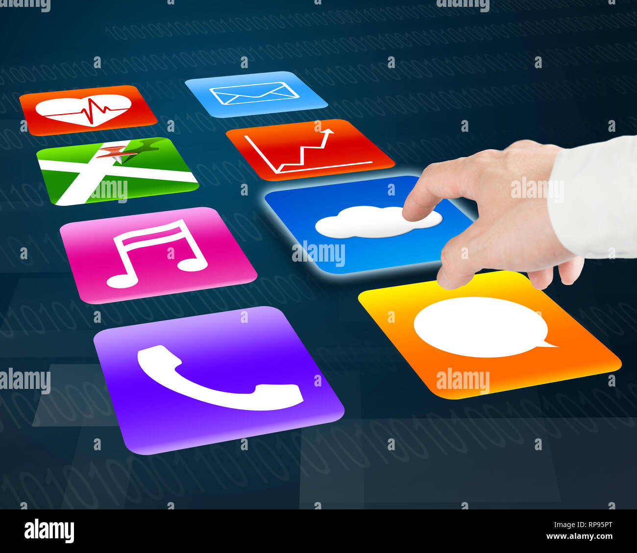 Finger pointing at cloud computing with colorful app icons on tech ...