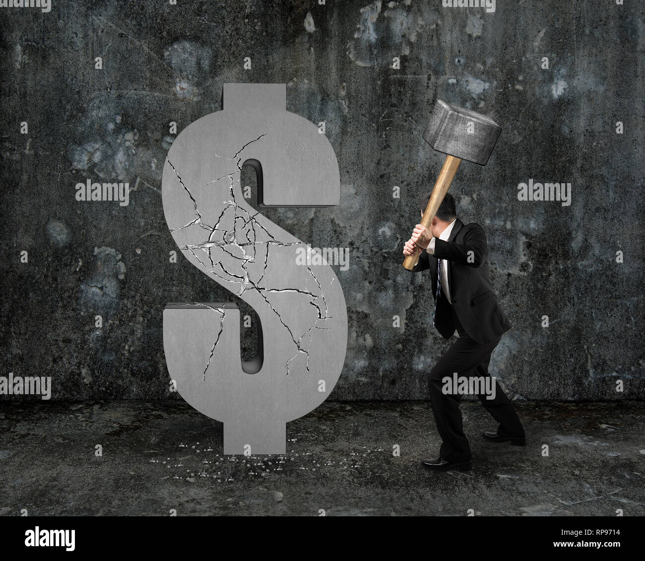 businessman holding hammer hitting cracked dollar sign with gray ...