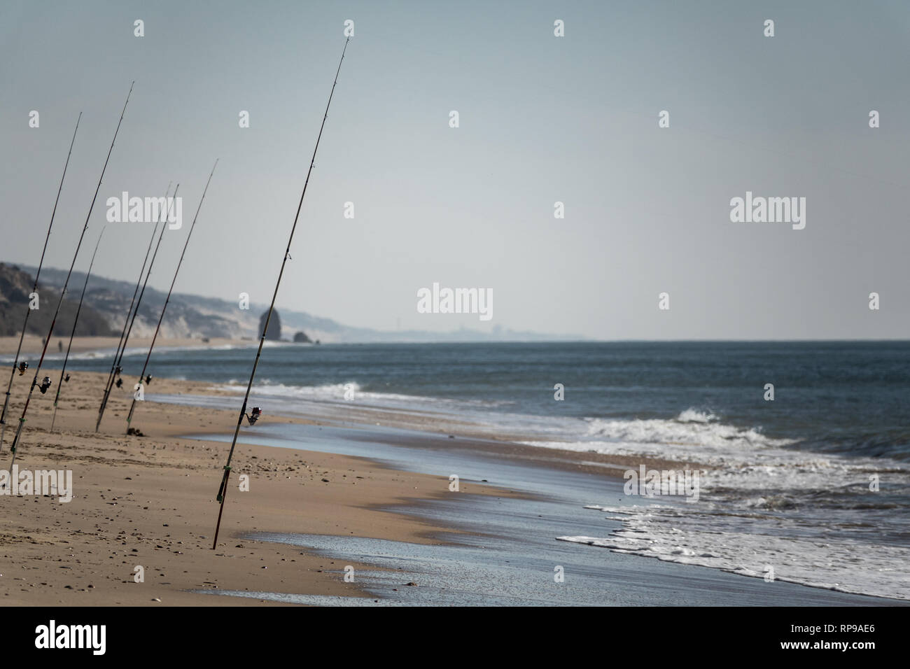 Many fishing rods in the sand beach Stock Photo - Alamy