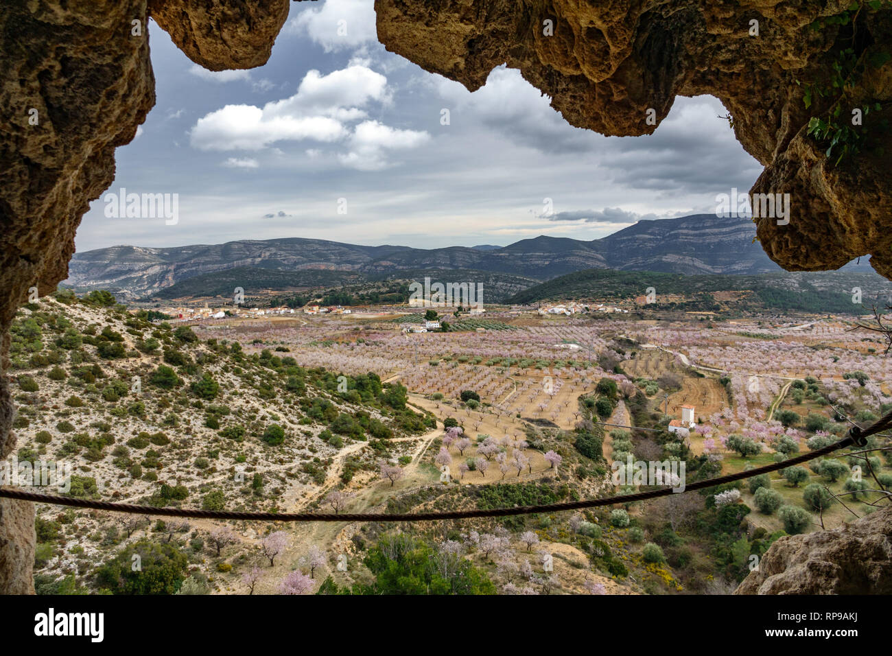 Almond trees bloom in thevalley from inside of the cave Stock Photo - Alamy
