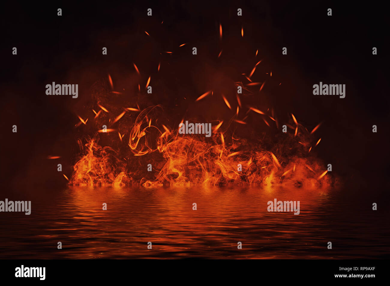 Texture of fire with reflection in water. Flames on isolated black ...