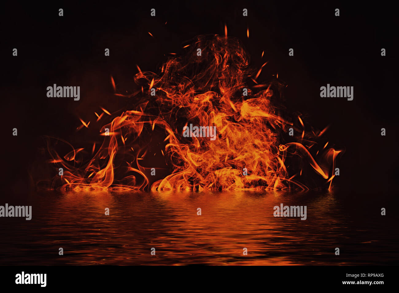 Texture of fire with reflection in water. Flames on isolated black ...