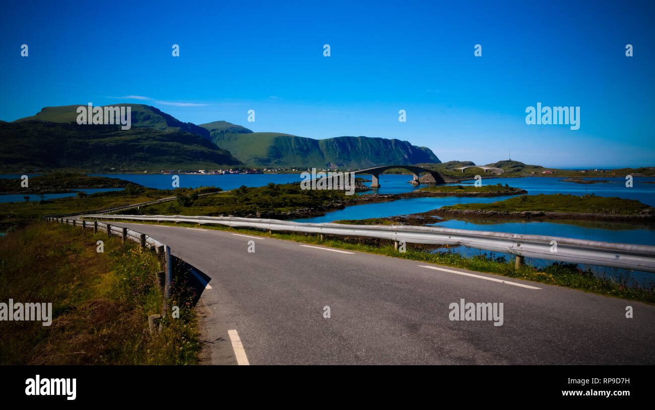 Landscape panoramic view to Fredvang bridge, Torvoya and buoya islands ...