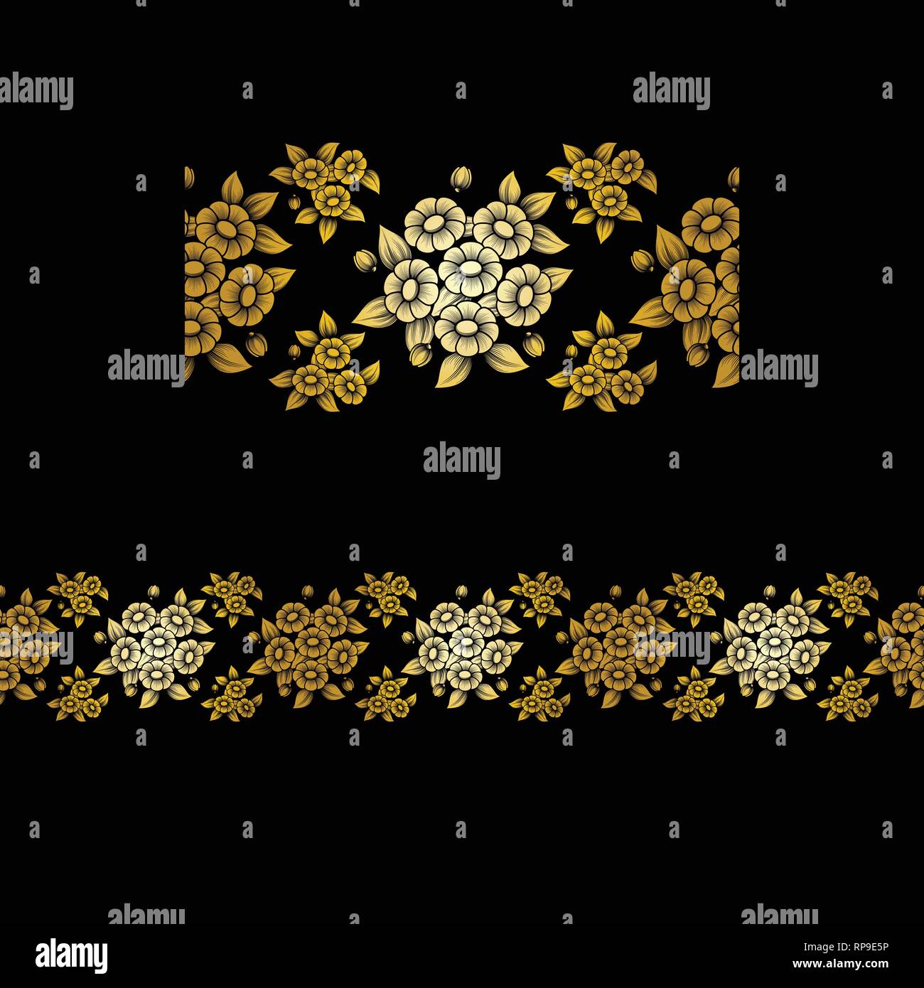 Seamless golden color floral pattern isolated on black background Stock ...