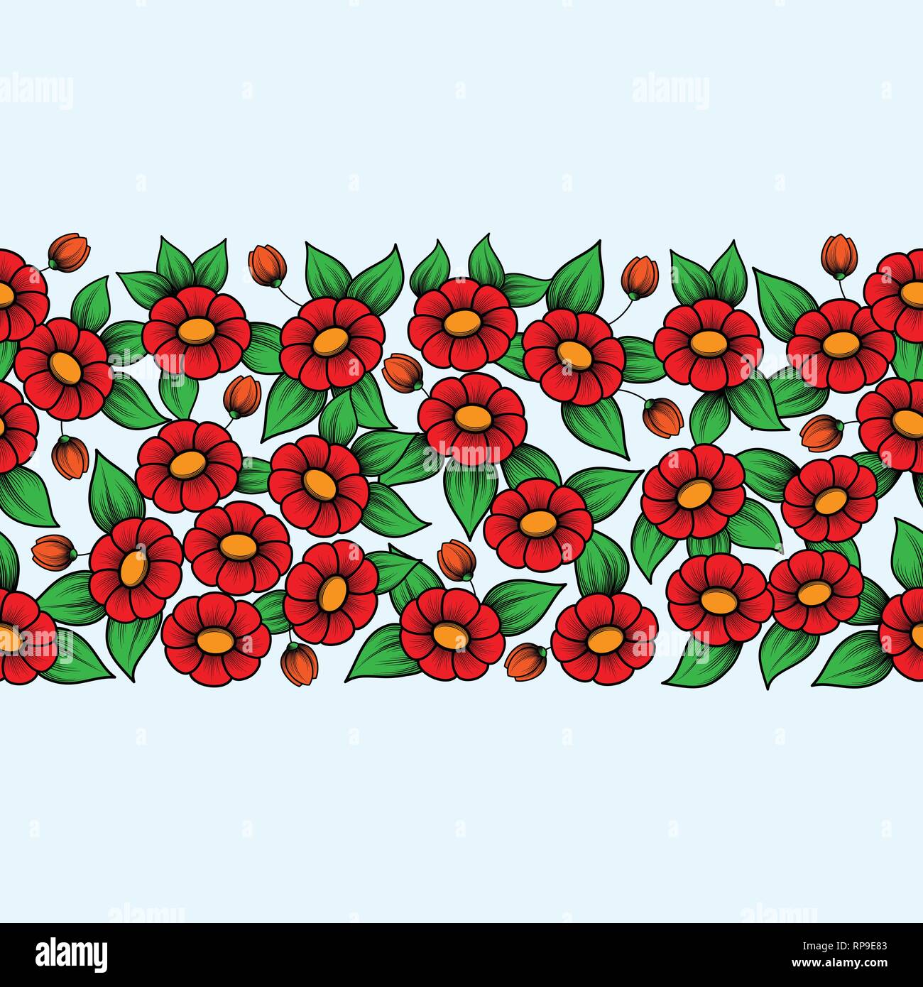 Blue background with red daisy flower bouquets pattern. Horizontal ...