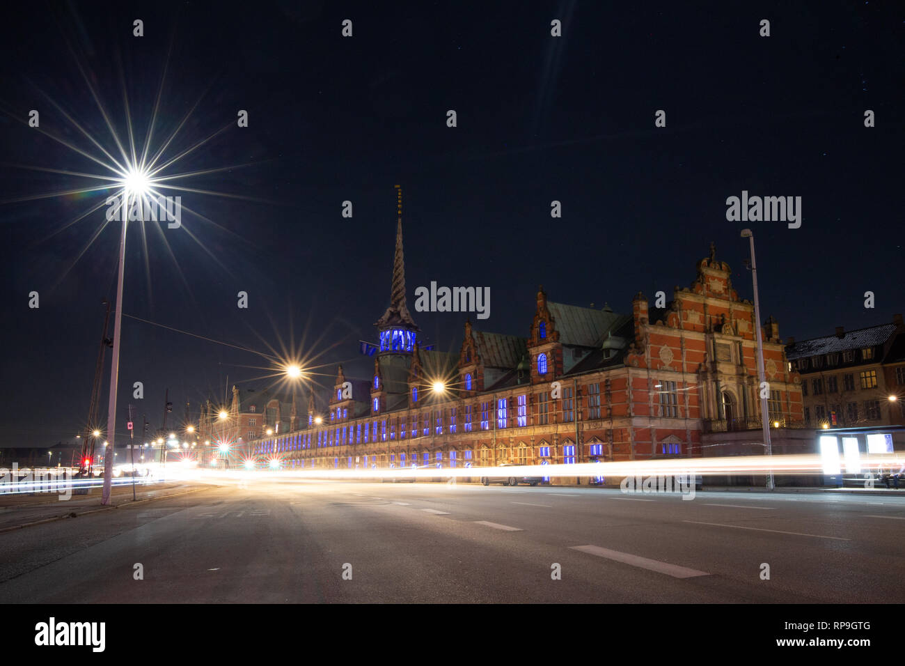 Copenhagen Stock Exchange building by night Stock Photo - Alamy